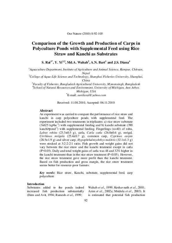 (PDF) Comparison of the Growth and Production of Carps in Polyculture ...