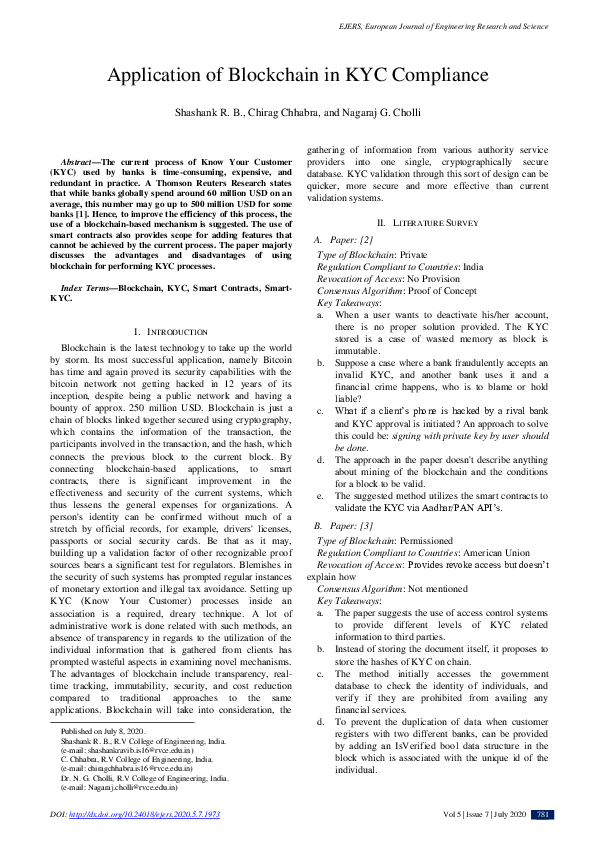 (PDF) Application of Blockchain in KYC Compliance | Nagaraj Cholli - Academia.edu