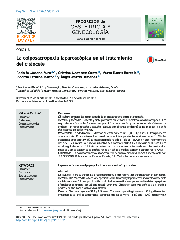 (PDF) La colposacropexia laparoscópica en el tratamiento del cistocele