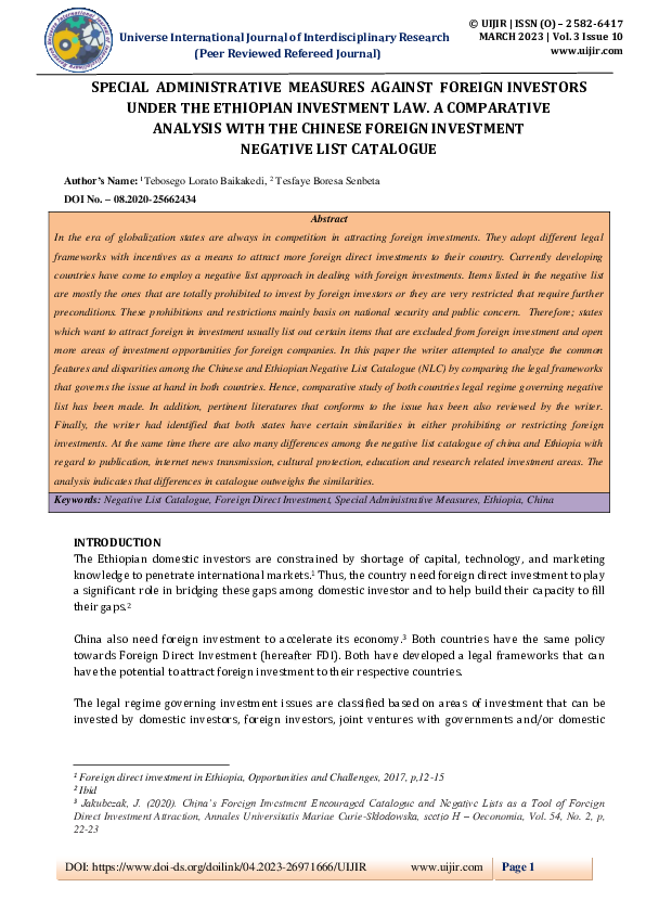 (PDF) SPECIAL ADMINISTRATIVE MEASURES AGAINST FOREIGN INVESTORS UNDER ...