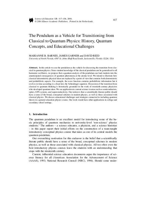 (PDF) The Pendulum as a Vehicle for Transitioning from Classical to Quantum Physics: History ...