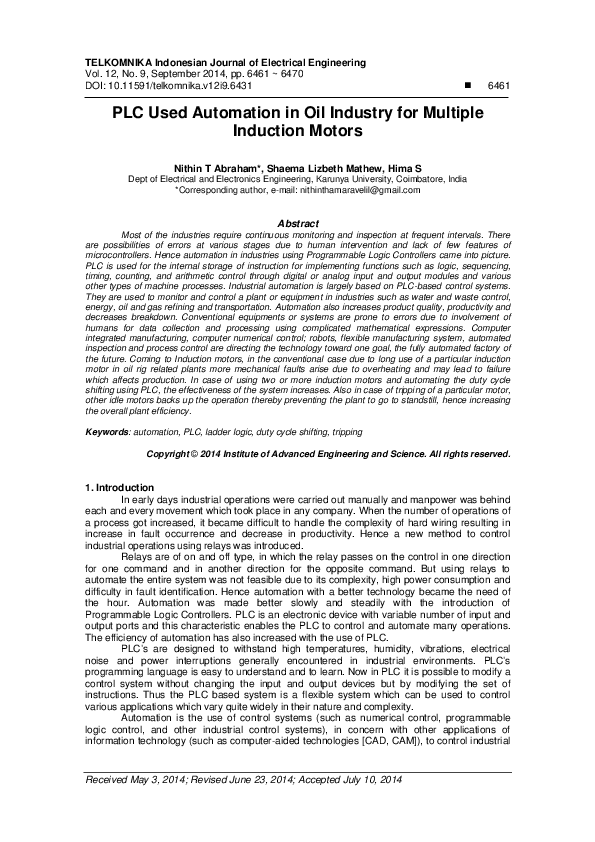 (PDF) PLC Used Automation in Oil Industry for multiple Induction Motors