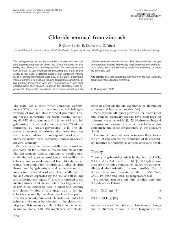 (PDF) Chloride removal from zinc ash