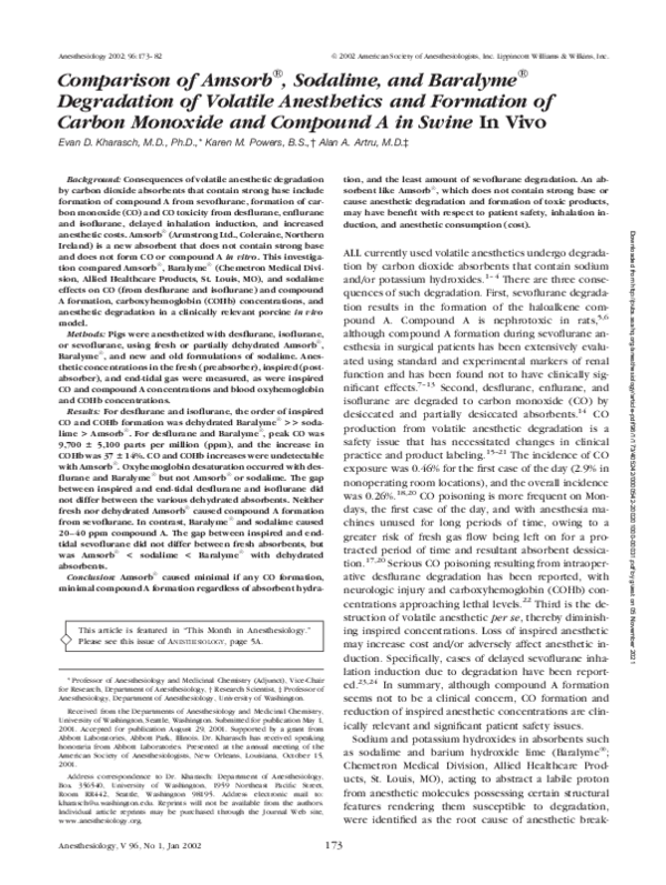 (PDF) Comparison of Amsorb®, Sodalime, and Baralyme®Degradation of ...