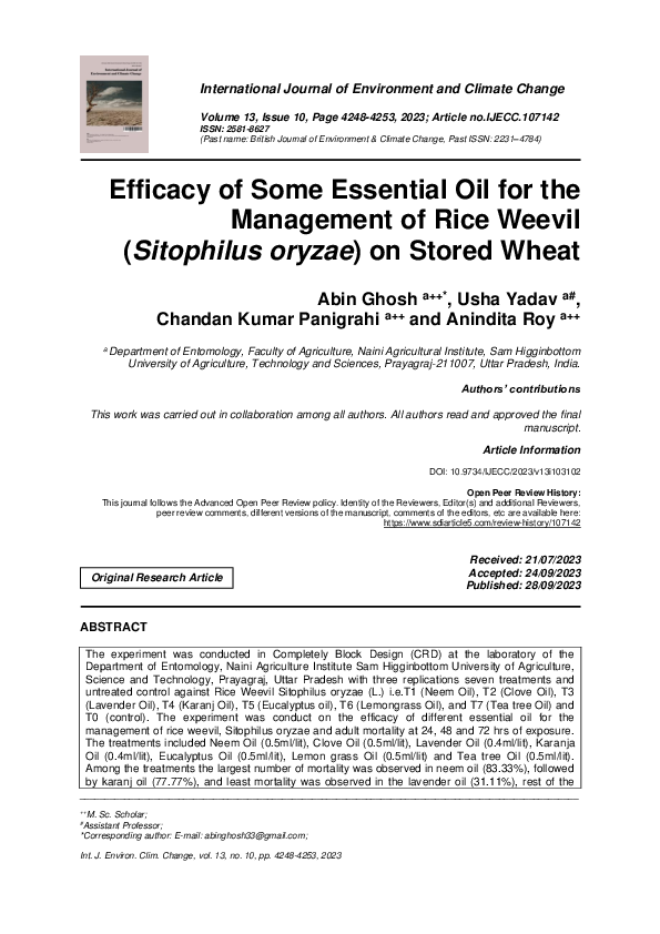 (PDF) Efficacy of Some Essential Oil for the Management of Rice Weevil ...