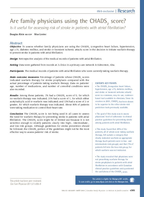 (PDF) Are family physicians using the CHADS2 score? Is it useful for ...