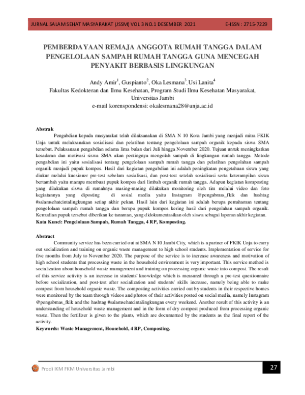 (PDF) Pemberdayaan Remaja Anggota Rumah Tangga Dalam Pengelolaan Sampah Rumah Tangga Guna ...