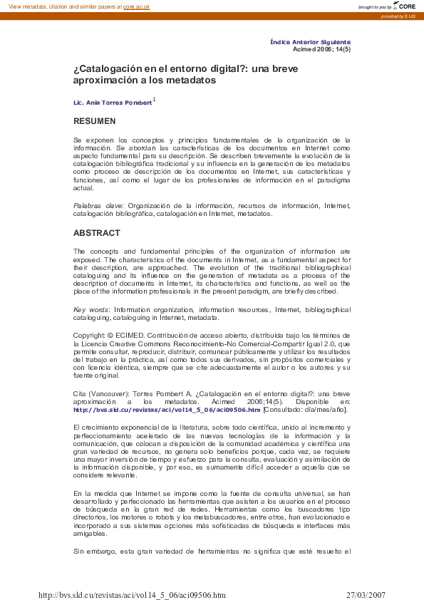 (PDF) ¿ Catalogación en el entorno digital?: una breve aproximación a los metadatos | Ania ...