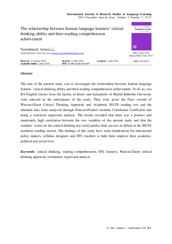 Pdf The Relationship Between Iranian Language Learners Critical Thinking Ability And Their
