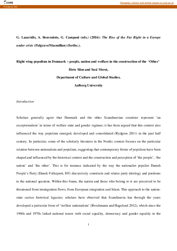 (PDF) Right-wing Populism in Denmark: People, Nation and Welfare in the ...