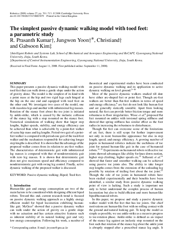 (PDF) The simplest passive dynamic walking model with toed feet: a ...