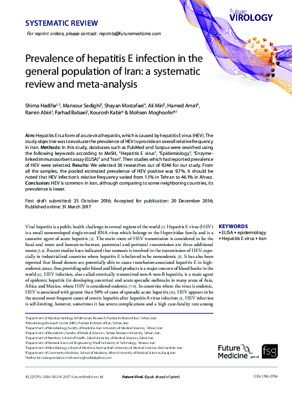 (PDF) Prevalence of hepatitis E infection in the general population of Iran: a systematic review ...