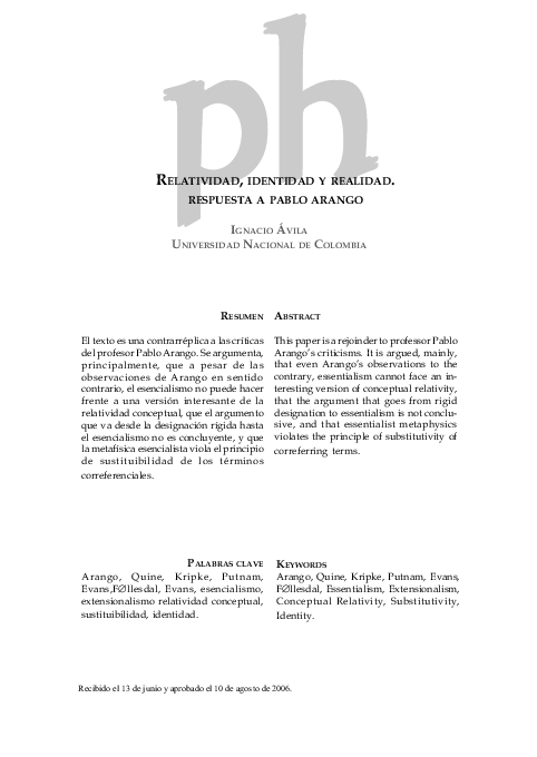 (PDF) Relatividad, Identidad y Realidad: Respuesta a Pablo Arango