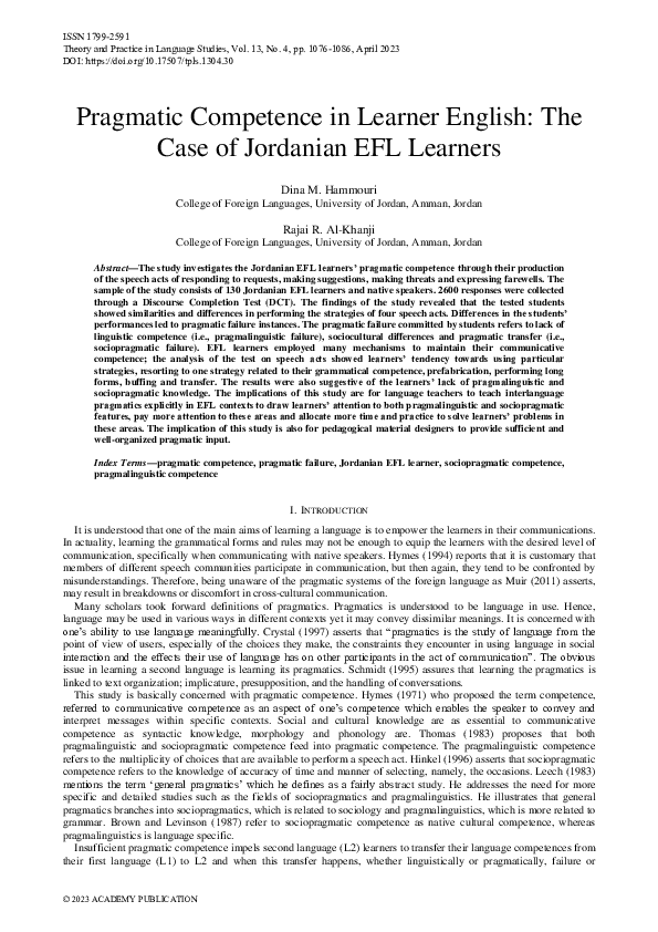 (PDF) Pragmatic Competence in Learner English: The Case of Jordanian EFL Learners