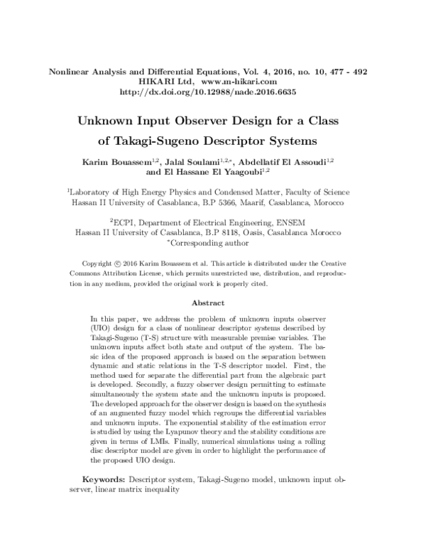 Pdf Unknown Input Observer Design For A Class Of Takagi Sugeno Descriptor Systems Karim