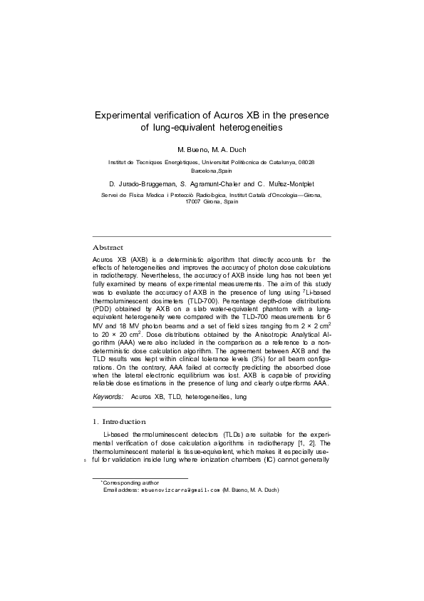 (PDF) Experimental verification of Acuros XB in the presence of lung-equivalent heterogeneities