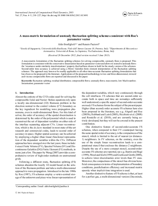 (PDF) A mass-matrix formulation of unsteady fluctuation splitting schemes consistent with Roe’s ...