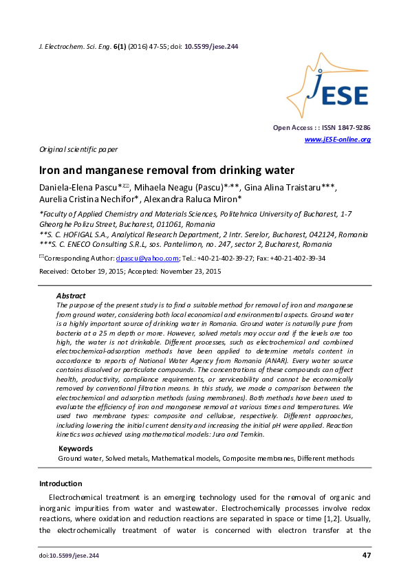 (PDF) Iron and manganese removal from drinking water