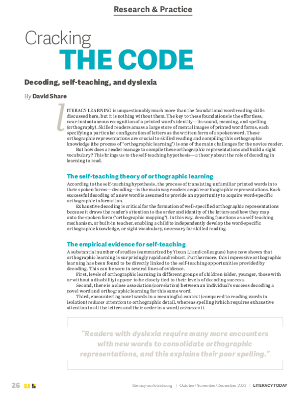 (PDF) Cracking the Code: Decoding, Self-teaching, and Dyslexia