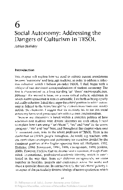 (PDF) Social Autonomy: Addressing the Dangers of Culturism in TESOL