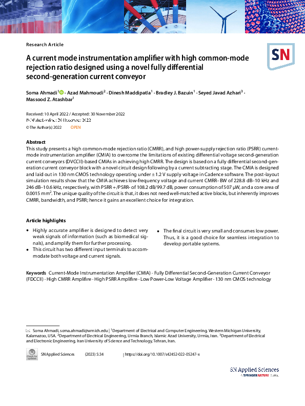 Pdf A Current Mode Instrumentation Amplifier With High Common Mode Rejection Ratio Designed
