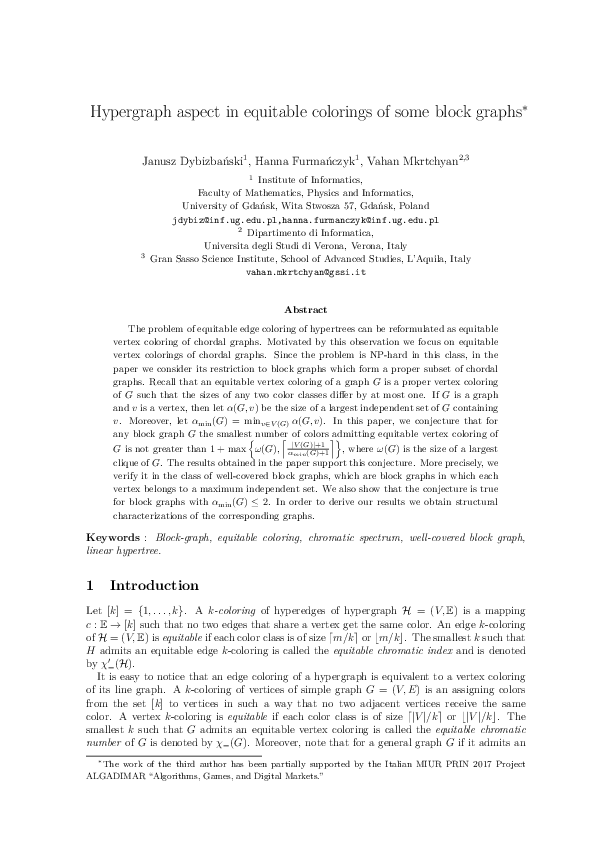 (PDF) Hypergraph aspect in equitable colorings of some block graphs∗