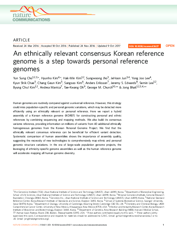 (PDF) An ethnically relevant consensus Korean reference genome is a ...