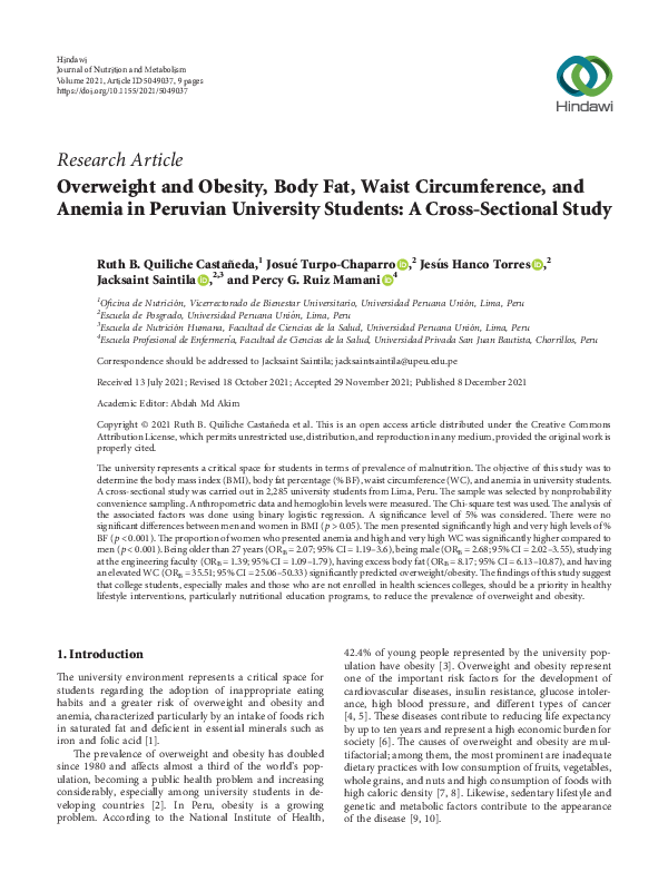 (PDF) Overweight and Obesity, Body Fat, Waist Circumference, and Anemia ...