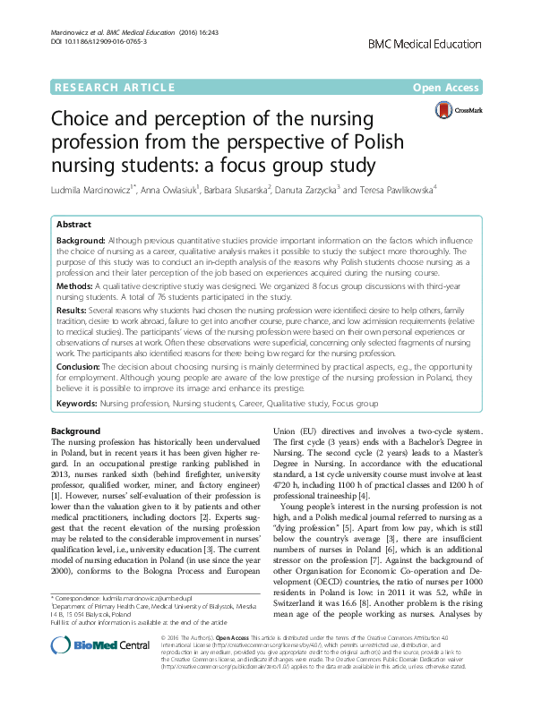 (PDF) Choice and perception of the nursing profession from the perspective of Polish nursing ...