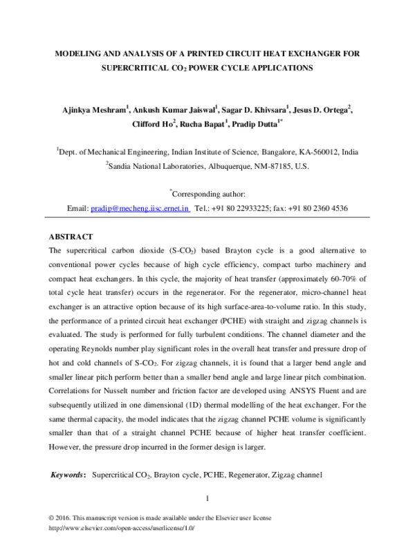 (PDF) Modeling and analysis of a printed circuit heat exchanger for supercritical CO2 power ...
