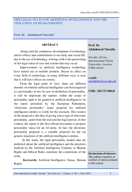 (PDF) The Legal Status Of Artificial Intelligence And The Violation Of Human Rights