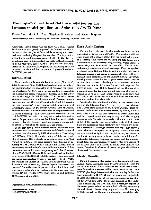 (PDF) The impact of sea level data assimilation on the Lamont Model Prediction of the 1997/98 El ...