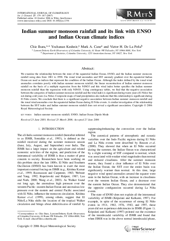 (PDF) Indian summer monsoon rainfall and its link with ENSO and Indian ...