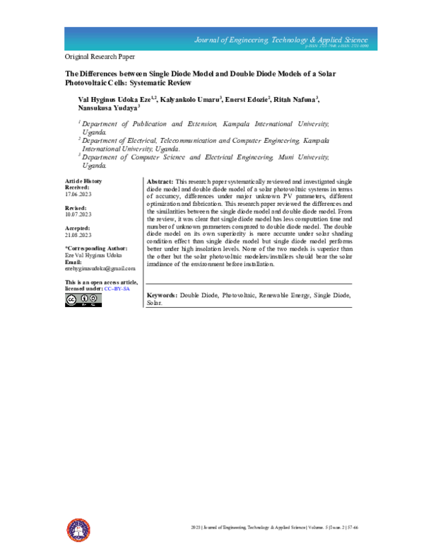 Pdf The Differences Between Single Diode Model And Double Diode