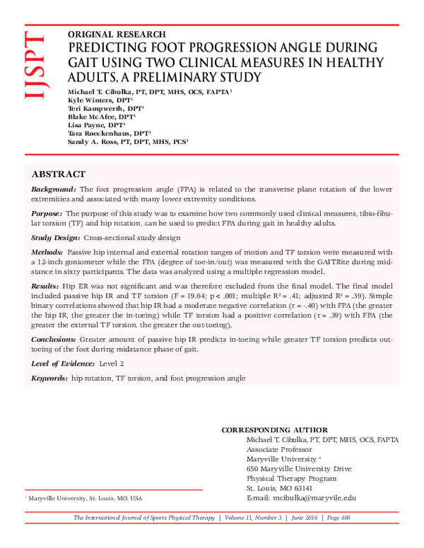 Pdf Predicting Foot Progression Angle During Gait Using Two Clinical Measures In Healthy 