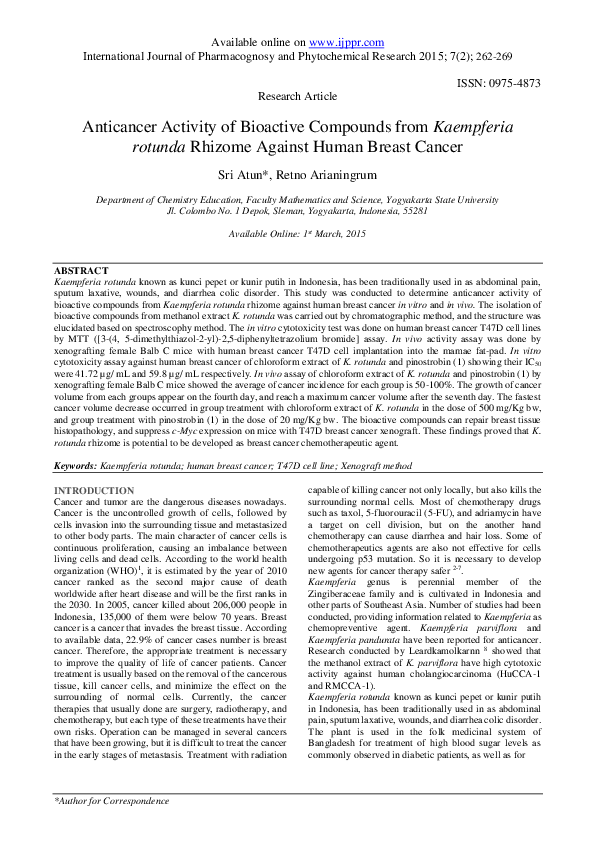 (PDF) Anticancer Activity of Bioactive Compounds from Kaempferia rotunda Rhizome Against Human ...