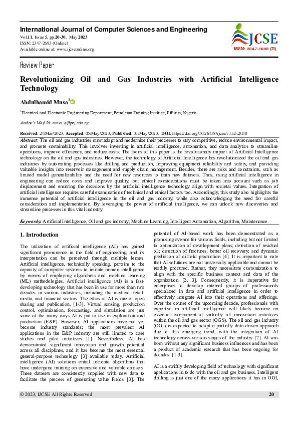 (PDF) Revolutionizing Oil and Gas Industries with Artificial Intelligence Technology