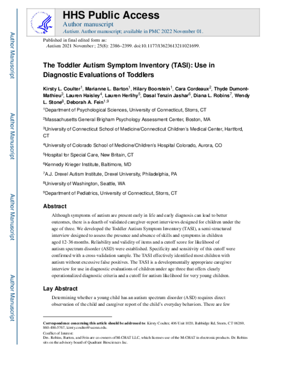 (PDF) The Toddler Autism Symptom Inventory: Use in diagnostic ...