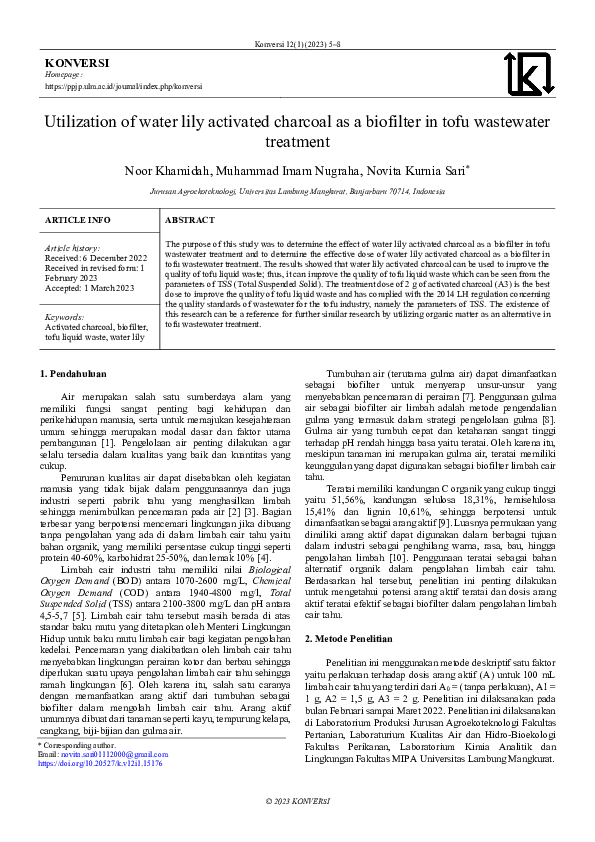 (PDF) Utilization of water lily activated charcoal as a biofilter in ...