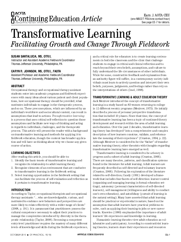 (PDF) Transformative Learning Facilitating Growth and Change Through ...