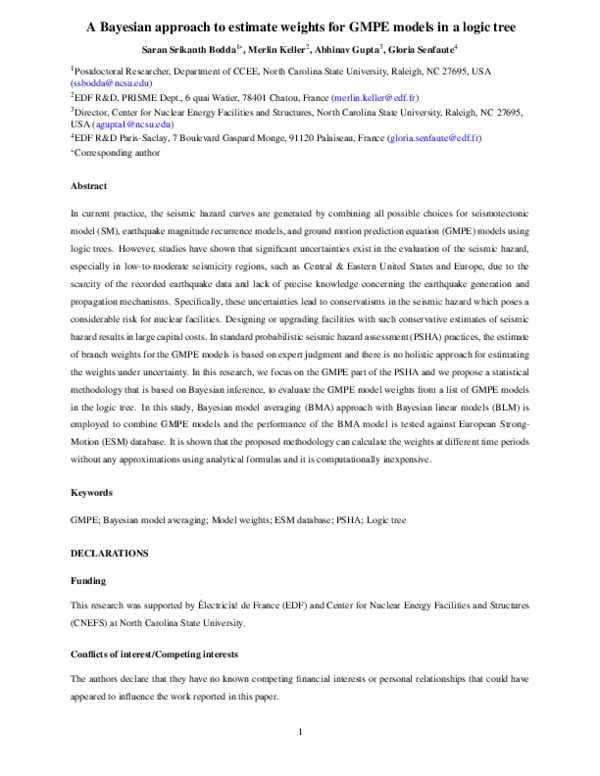 Pdf A Bayesian Approach To Estimate Weights For Gmpe Models In A Logic Tree