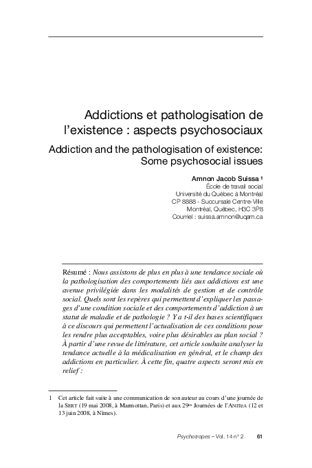 (PDF) Addictions et pathologisation de l'existence : aspects ...