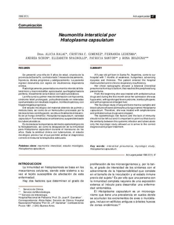 (PDF) Neumonitis intersticial por Histoplasma capsulatum Comunicación