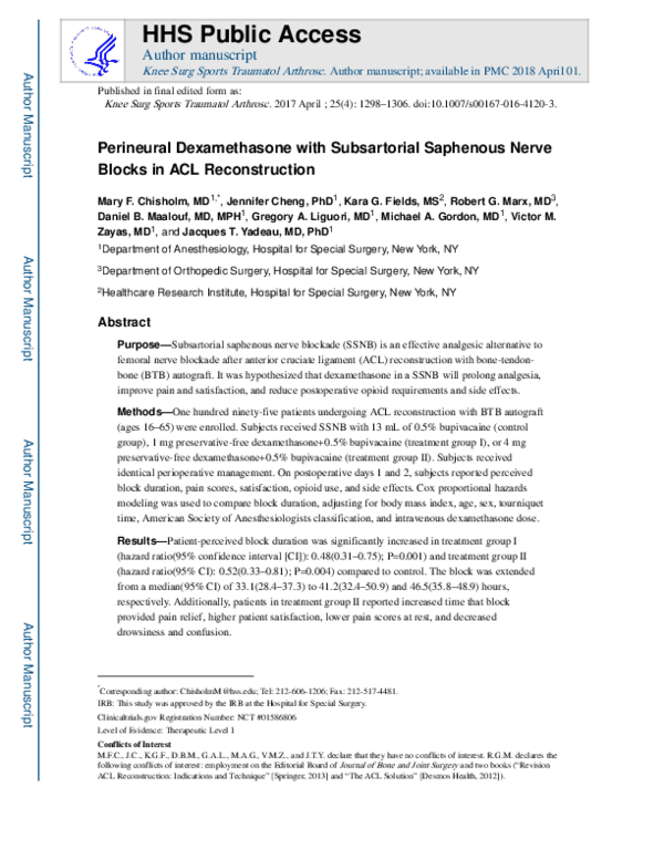(PDF) Perineural dexamethasone with subsartorial saphenous nerve blocks ...