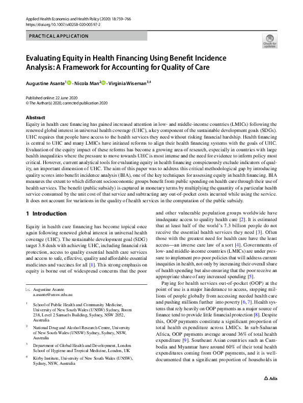 (PDF) Evaluating Equity in Health Financing Using Benefit Incidence ...