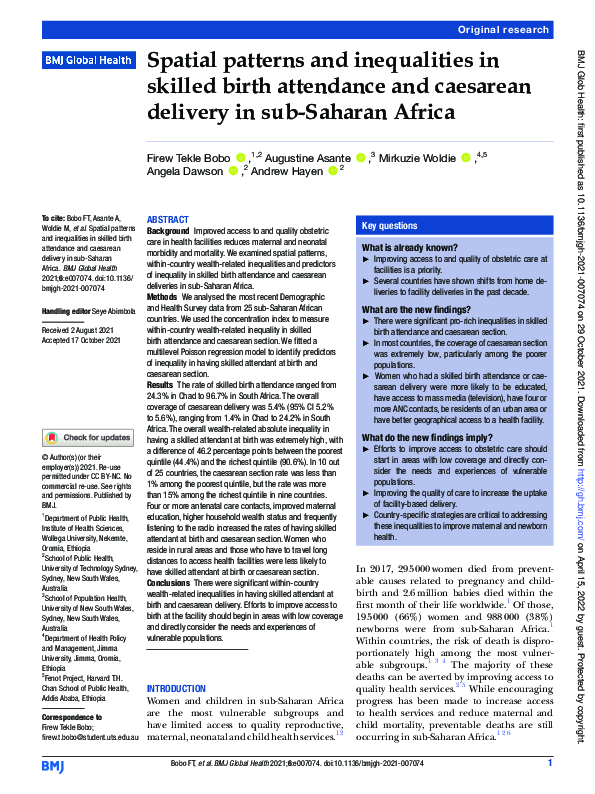(PDF) Spatial patterns and inequalities in skilled birth attendance and caesarean delivery in ...