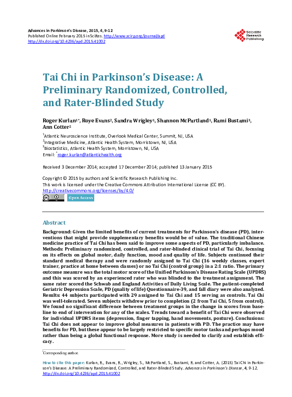 (PDF) Tai Chi in Parkinson’s Disease: A Preliminary Randomized ...