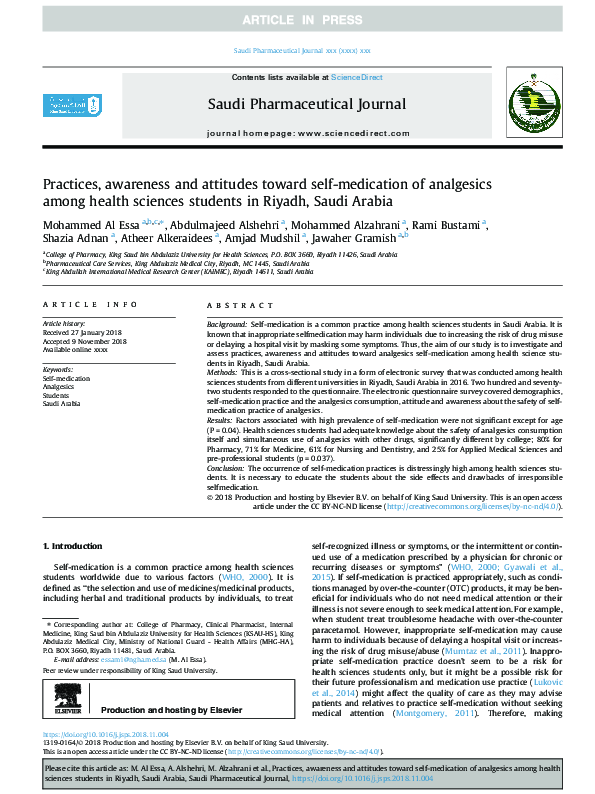 (PDF) Practices, awareness and attitudes toward self-medication of ...