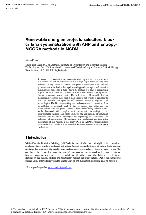 (PDF) Renewable energies projects selection: block criteria ...