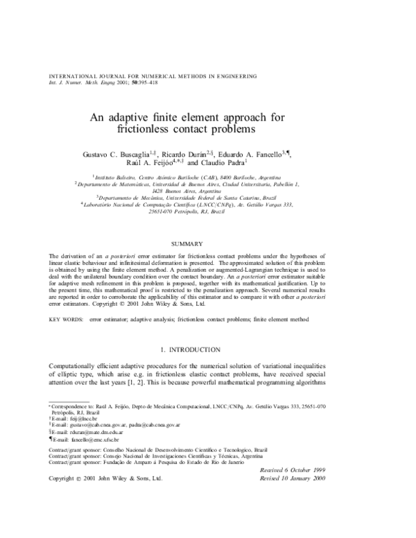 Pdf An Adaptive Finite Element Approach For Frictionless Contact Problems 9219